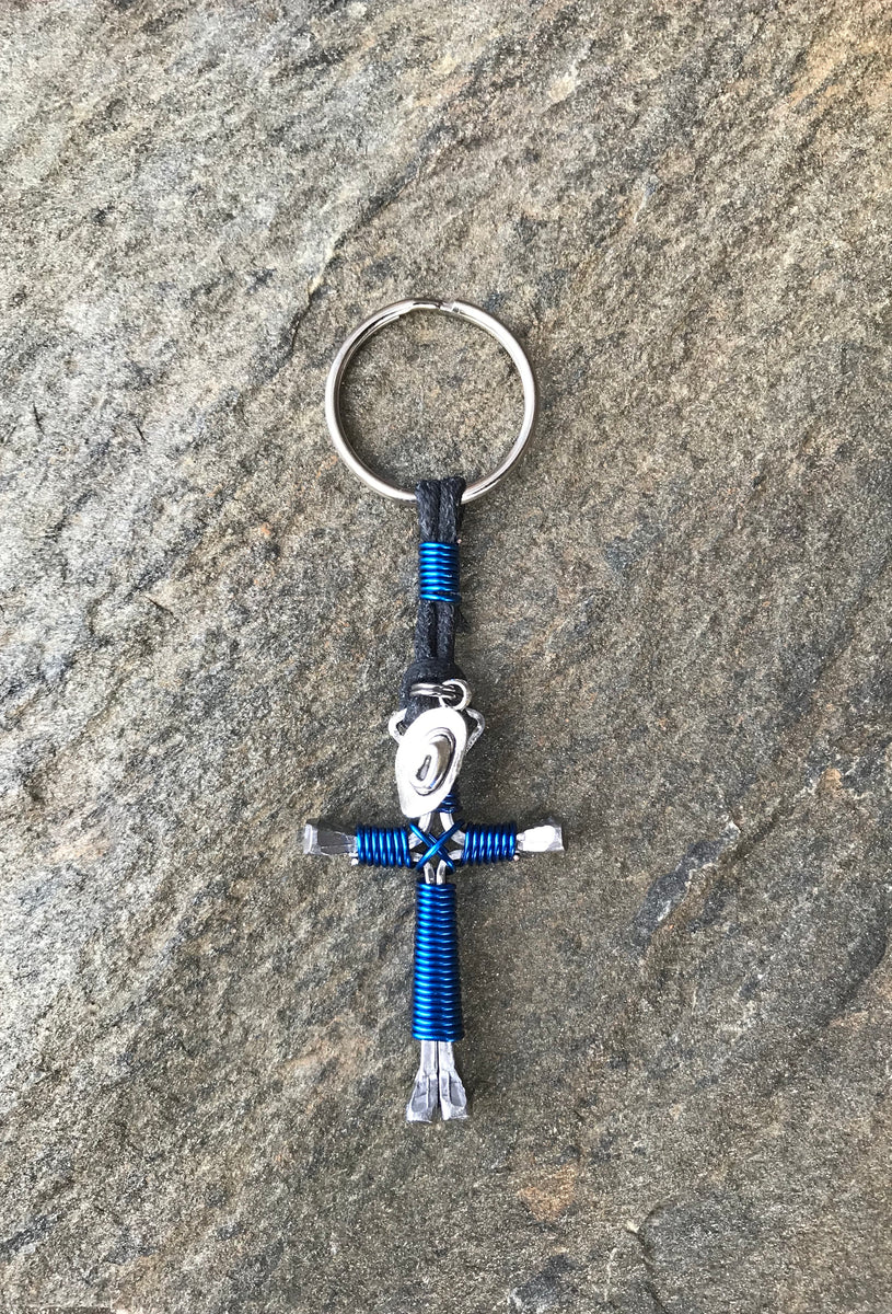 Blue - Royal Horseshoe Nail Cross Keychain with Hat Charm – JJ's Crosses